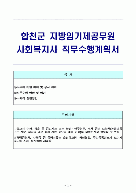 합천군 지방임기제공무원 사회복지사 직무수행계획서