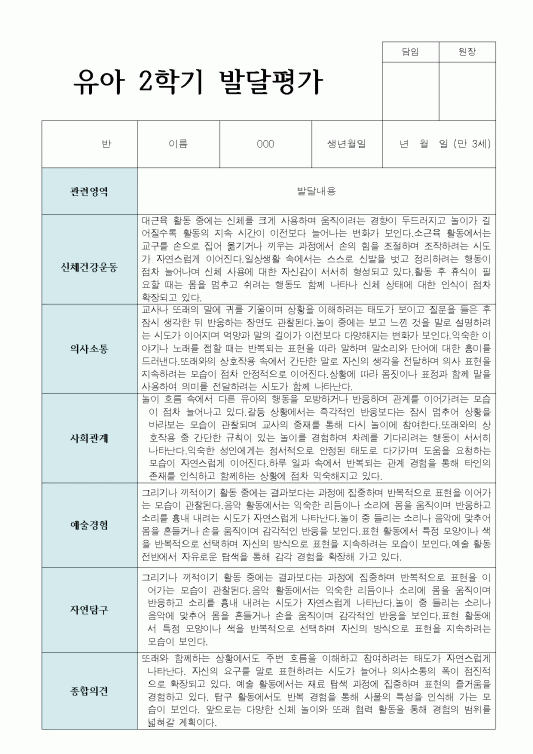 만 3세 21명 2학기 발달평가 실제 사례 현직교사작성
