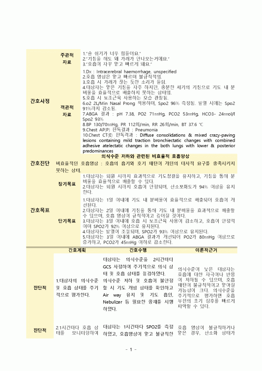 의식수준 저하와 관련된 비효율적호흡양상 (뇌출혈)