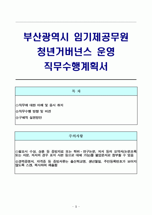 부산광역시 임기제공무원 청년거버넌스 운영 직무수행계획서