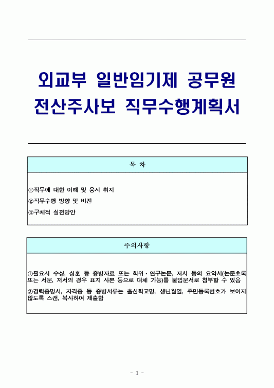 외교부 일반임기제 공무원 전산주사보 직무수행계획서