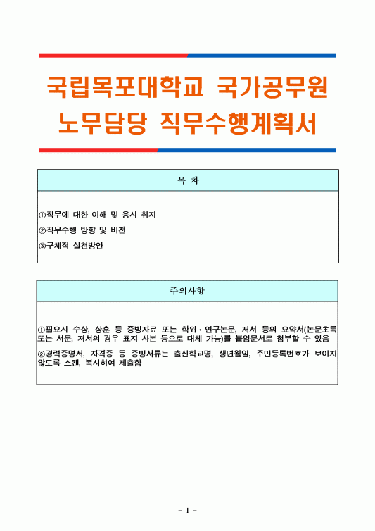 국립목포대학교 국가공무원 노무담당 직무수행계획서