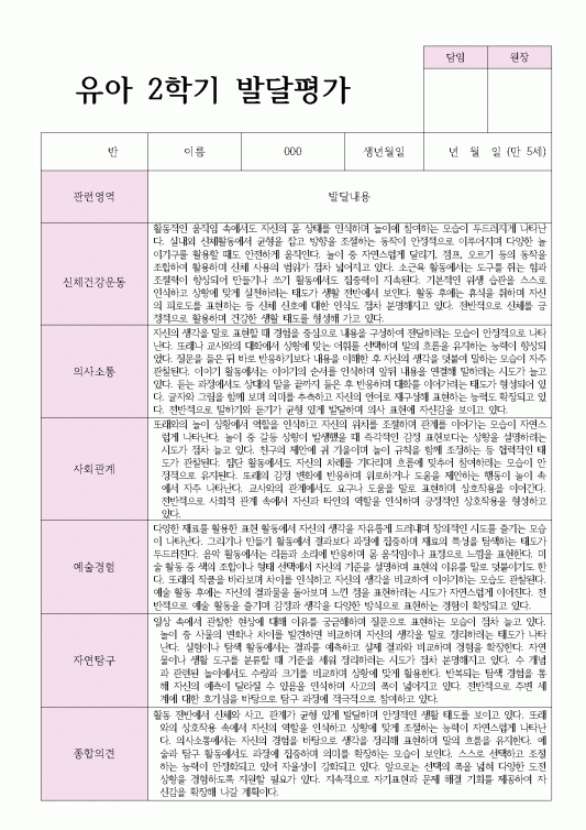 평가제 적용 만 5세 22명 2학기 발달평가와 종합의견