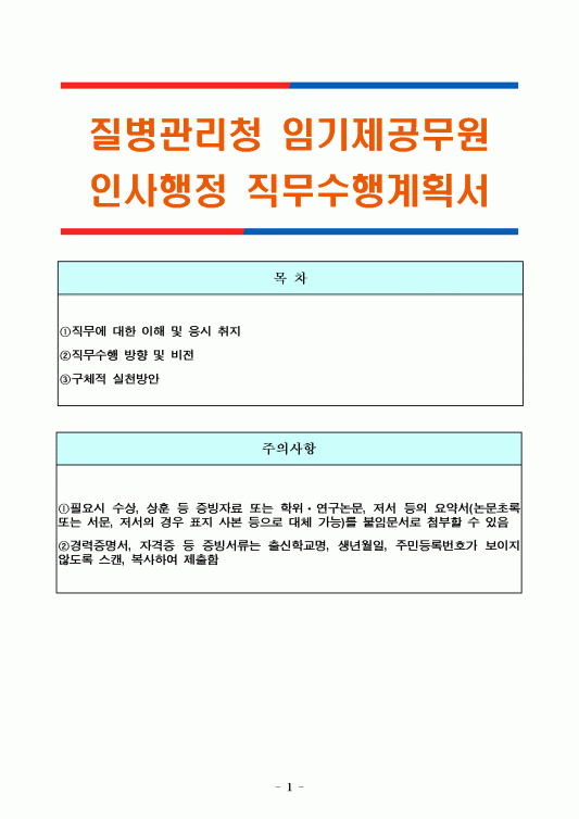 질병관리청 임기제공무원 인사행정 직무수행계획서