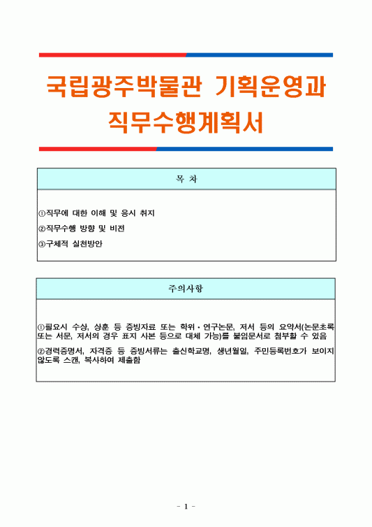 국립광주박물관 기획운영과 직무수행계획서