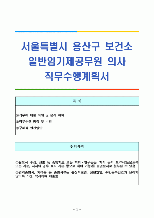 서울특별시 용산구 보건소 일반임기제공무원 의사 직무수행계획서