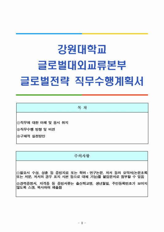 강원대학교 글로벌대외교류본부 글로벌전략 직무수행계획서