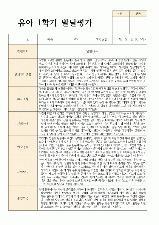 평가제적용 만 5세 25명 1년 발달평가와 종합의견