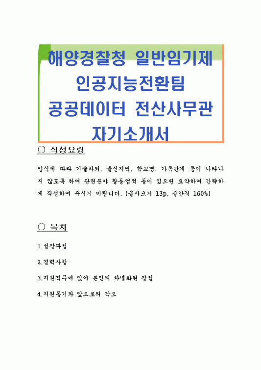 해양경찰청 일반임기제 인공지능전환팀 공공데이터 전산사무관 자기소개서