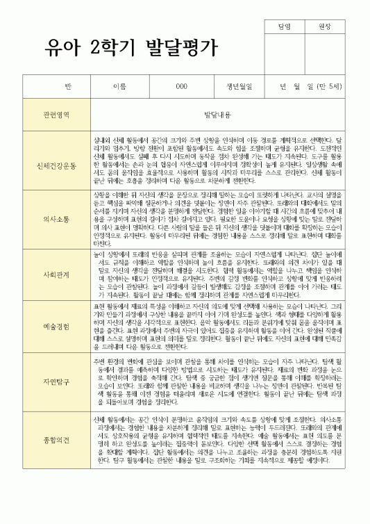 평가제 통과 2학기 발달평가와 총평 만5세 23명