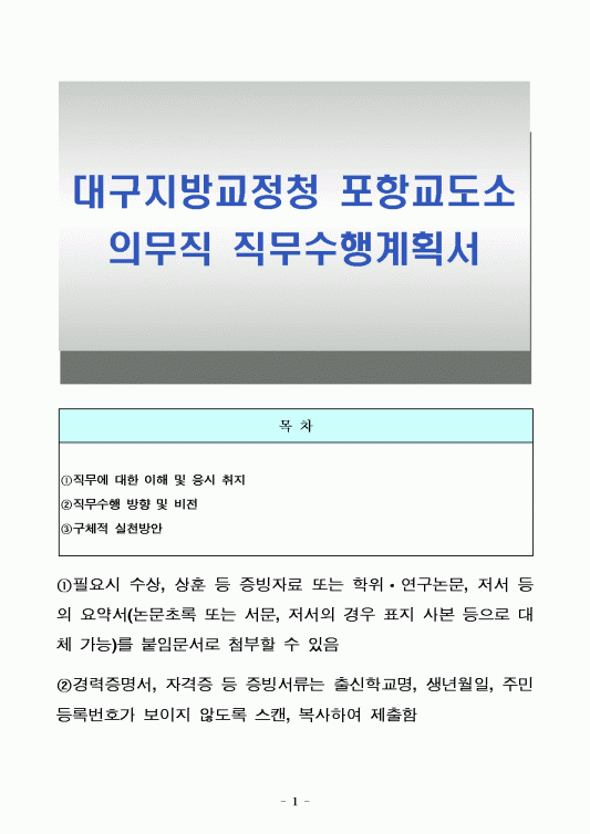 대구지방교정청 포항교도소 의무직 직무수행계획서