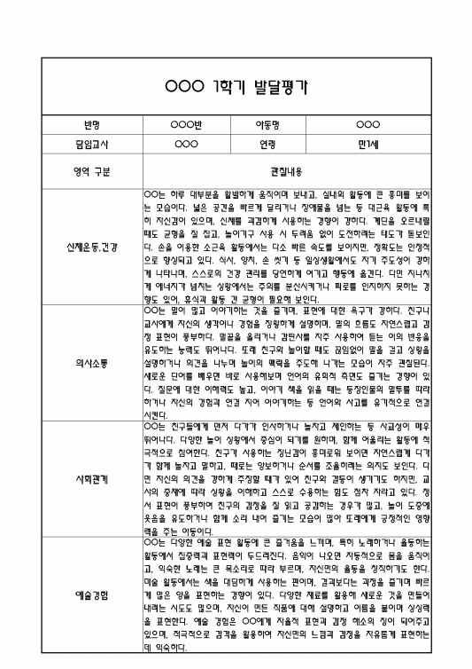 만1세 1년 발달평가 및 1학기,2학기 총평 60Page (신체운동건강,의사소통,사회관계,예술경험,자연탐구)