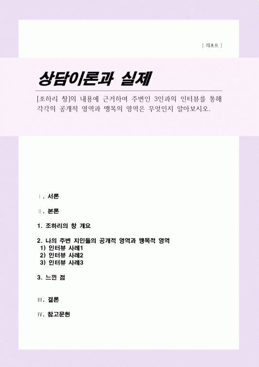 조하리 창의 내용에 근거하여 주변인 3인과의 인터뷰를 통해 각각의 공개적 영역과 맹목의 영역은 무엇인지 알아보기