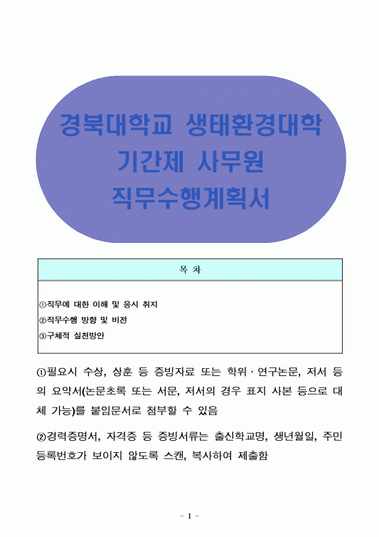경북대학교 생태환경대학 기간제 사무원 직무수행계획서