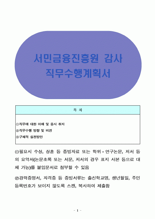 서민금융진흥원 감사 직무수행계획서