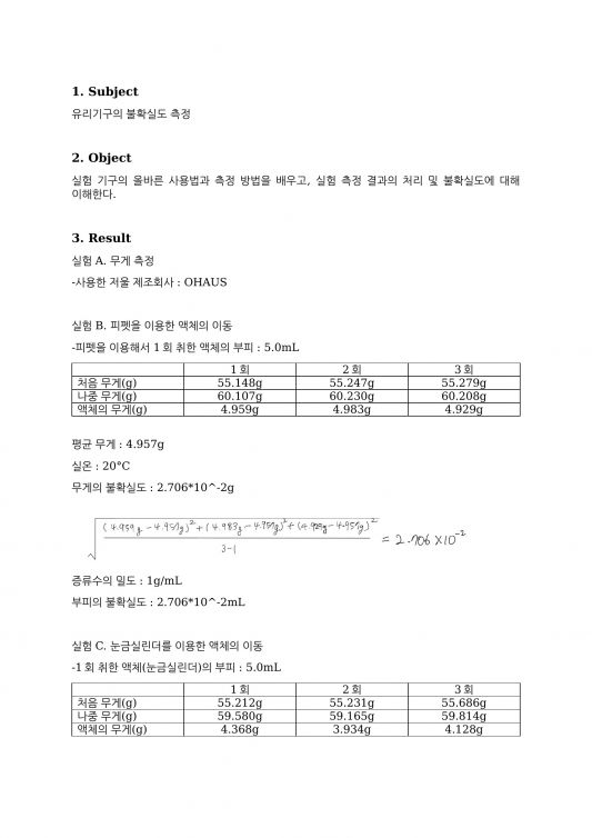 일반화학실험 유리기구의 불확실도 측정