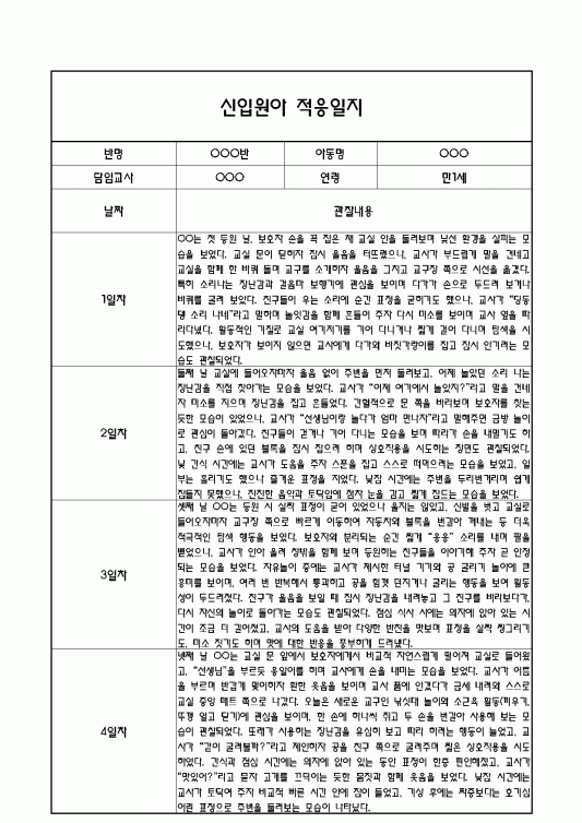 만1세 적응일지 10명 일주일 (총평과 향후계획 첨부)