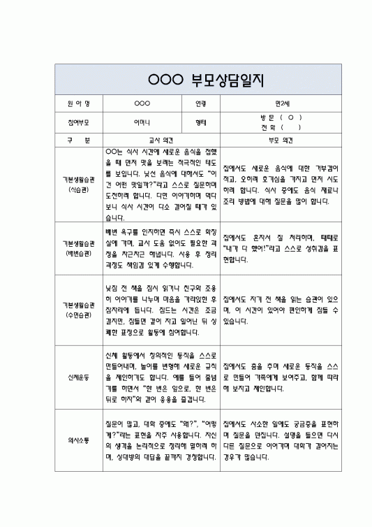 만2세 부모상담일지 40명 80Page (교사종합의견 포함) - 부모면담일지,부모상담일지,개별면담일지