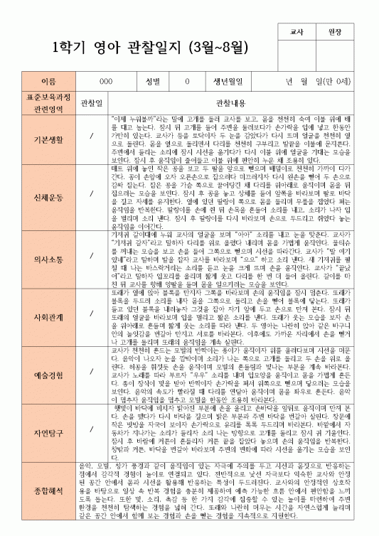 1학기  관찰일지 만 0세 6명 실제상황 관찰 작성