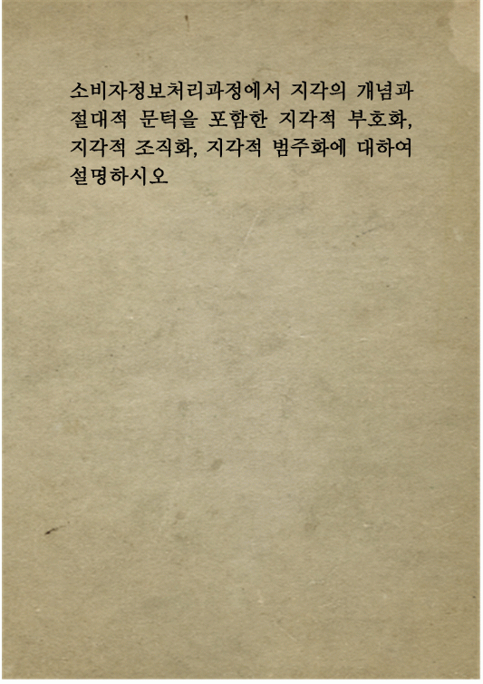 소비자정보처리과정에서 지각의 개념과 절대적 문턱을 포함한 지각적 부호화, 지각적 조직화, 지각적 범주화에 대하여 설명하시오