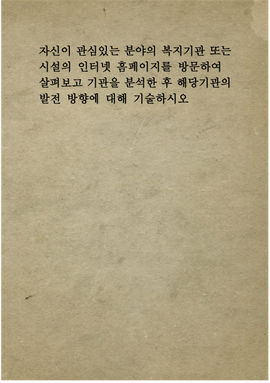 자신이 관심있는 분야의 복지기관 또는 시설의 인터넷 홈페이지를 방문하여 살펴보고 기관을 분석한 후 해당기관의 발전 방향에 대해 기술하시오