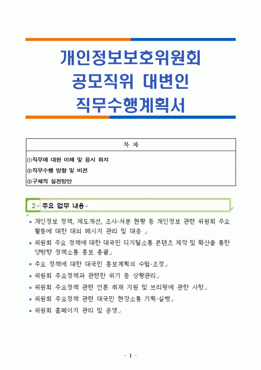 개인정보보호위원회 공모직위 대변인 직무수행계획서