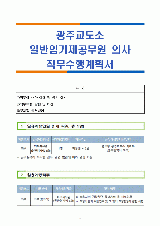 광주교도소 일반임기제공무원 의사 직무수행계획서