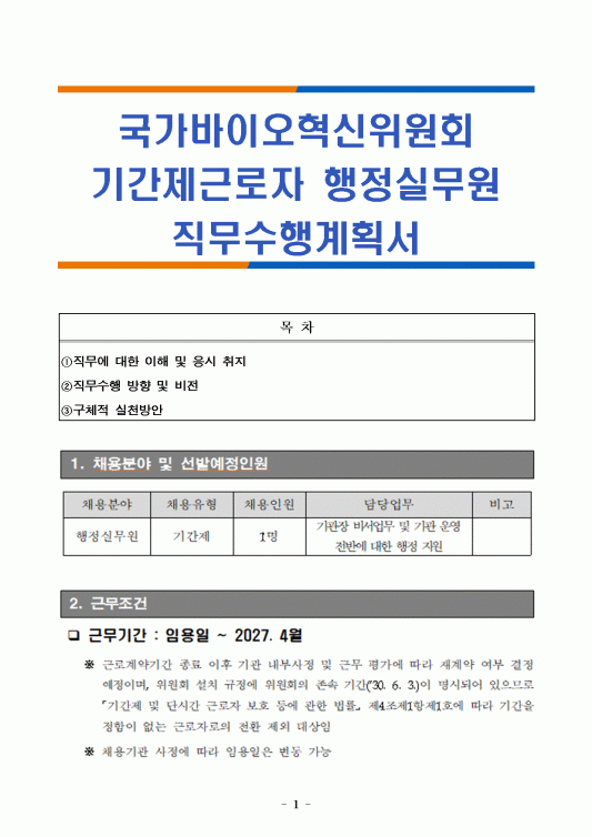 국가바이오혁신위원회 기간제근로자 행정실무원 직무수행계획서