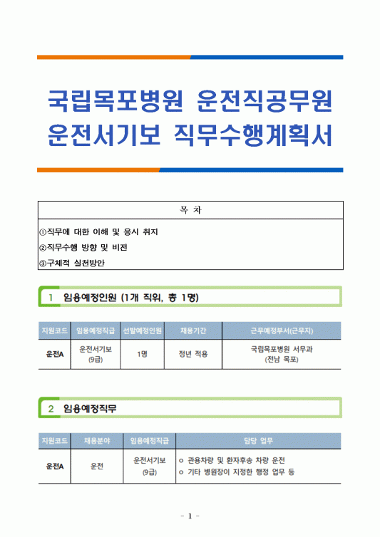 국립목포병원 운전직공무원 운전서기보 직무수행계획서