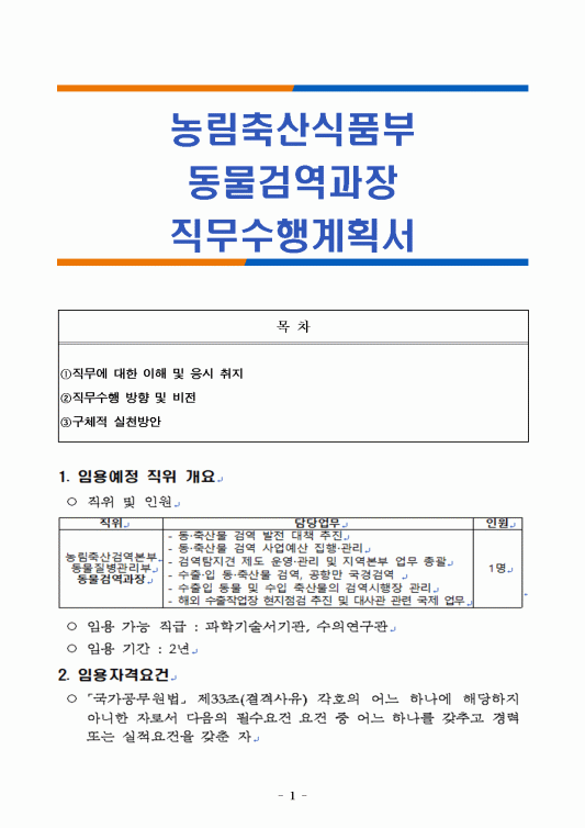 농림축산식품부 동물검역과장 직무수행계획서