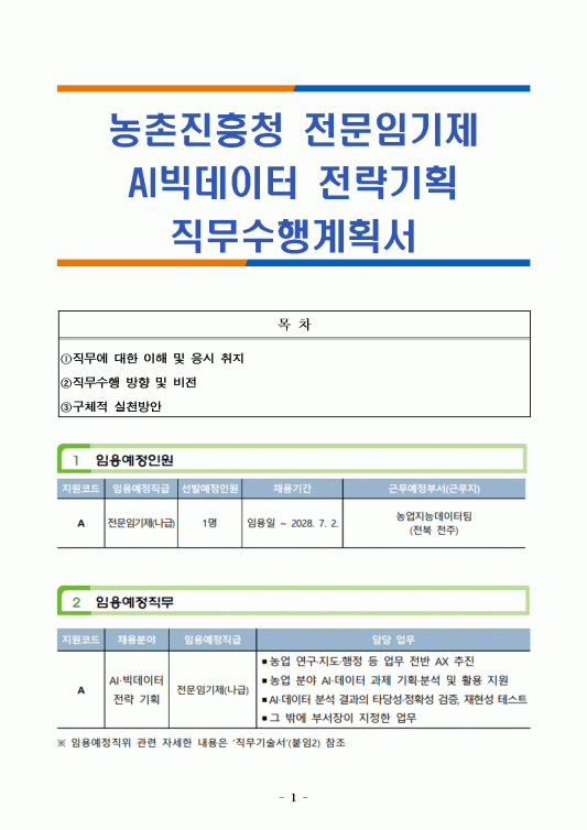 농촌진흥청 전문임기제 AI빅데이터 전략기획 직무수행계획서