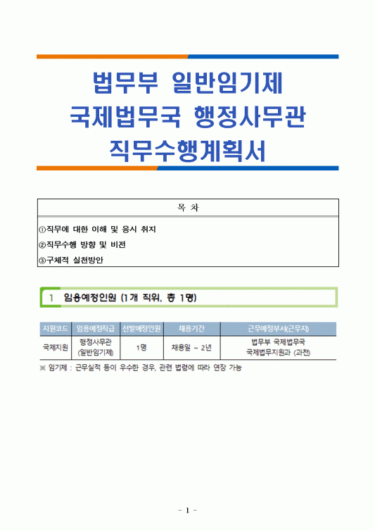 법무부 일반임기제 국제법무국 행정사무관 직무수행계획서