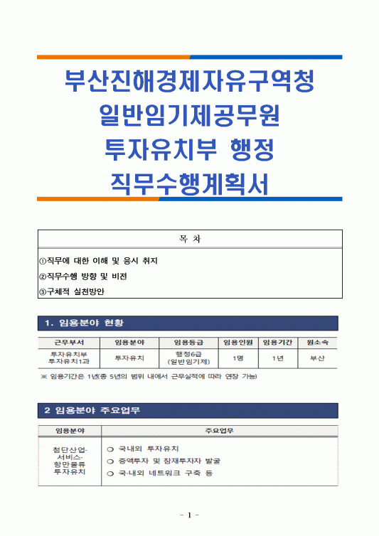 부산진해경제자유구역청 일반임기제공무원 투자유치부 행정 직무수행계획서