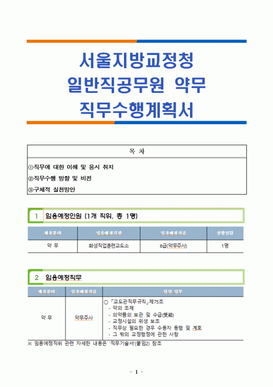 서울지방교정청 일반직공무원 약무 직무수행계획서