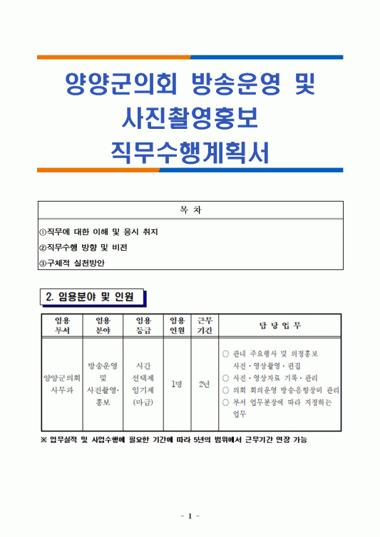 양양군의회 방송운영 및 사진촬영홍보 직무수행계획서