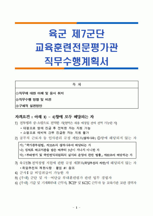 육군 제7군단 교육훈련전문평가관 직무수행계획서
