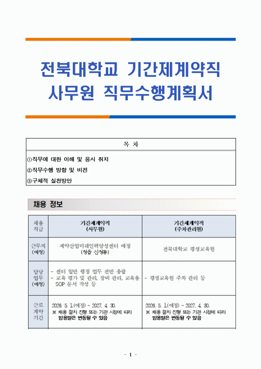 전북대학교 기간제계약직 사무원 직무수행계획서