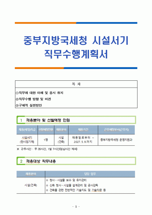 중부지방국세청 시설서기 직무수행계획서