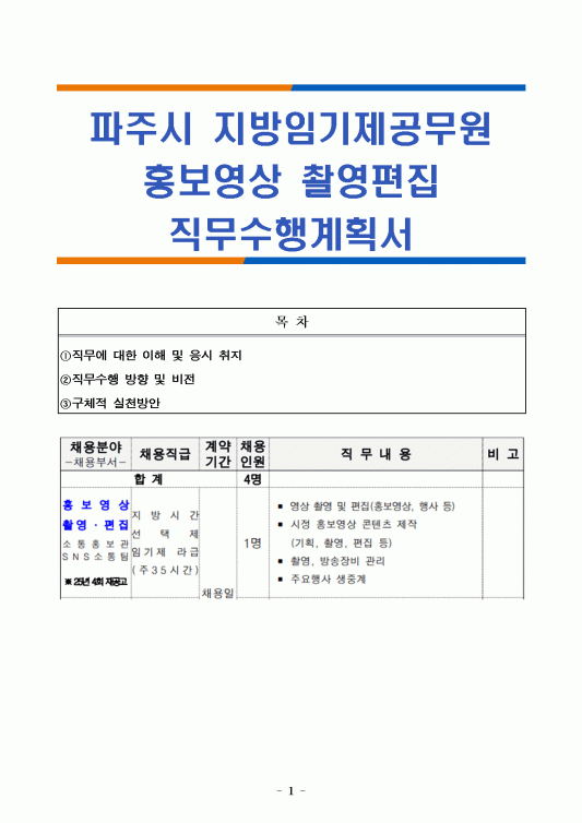 파주시 지방임기제공무원 홍보영상 촬영편집 직무수행계획서