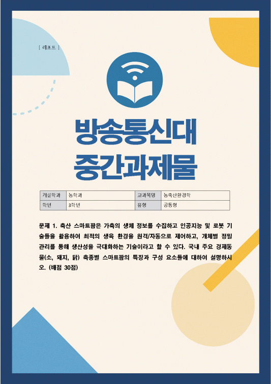 농축산환경학)) 축산 스마트팜은 가축의 생체 정보를 수집하고 인공지능 및 로봇 기술들을 활용하여 최적의 생육 환경을 원격자동으로 제어하고, 개체별 정밀 관리를 통해 생산성을 극대화하는 기술이라고 할 수 있다 국내 주요 경제동물 축종별 스마트팜의 특징과 구성 요소들에 대하여 설명하시오