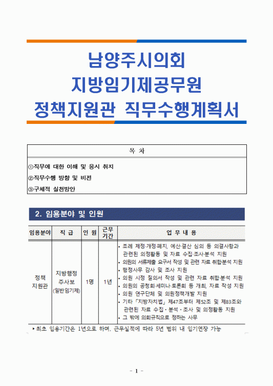 남양주시의회 지방임기제공무원 정책지원관 직무수행계획서