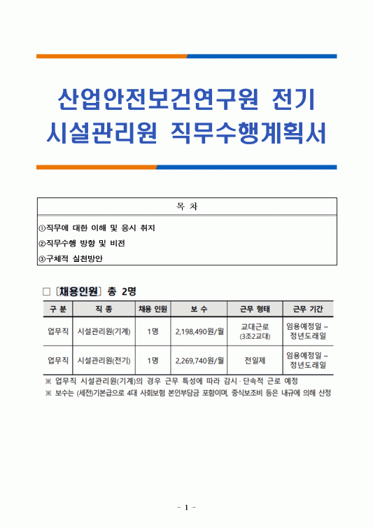 산업안전보건연구원 전기 시설관리원 직무수행계획서