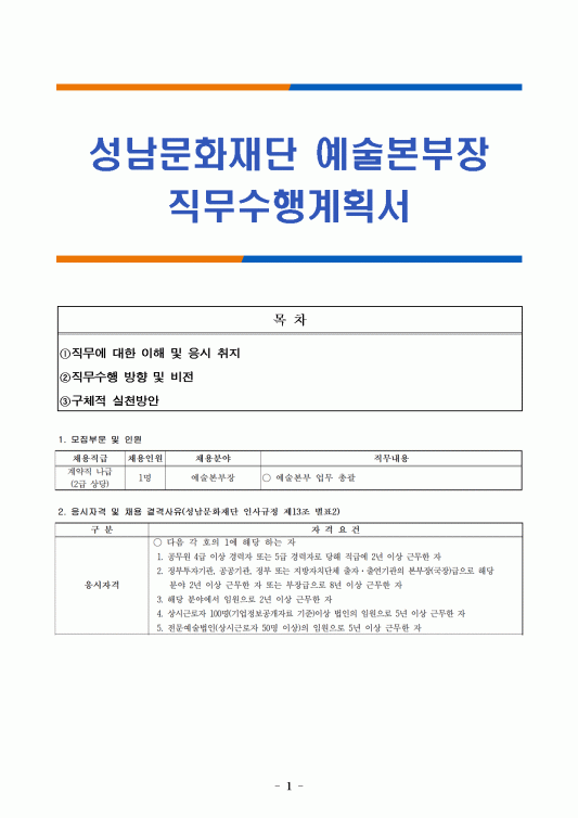성남문화재단 예술본부장 직무수행계획서