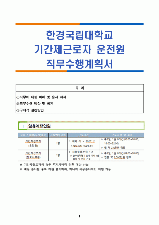 한경국립대학교 기간제근로자 운전원 직무수행계획서