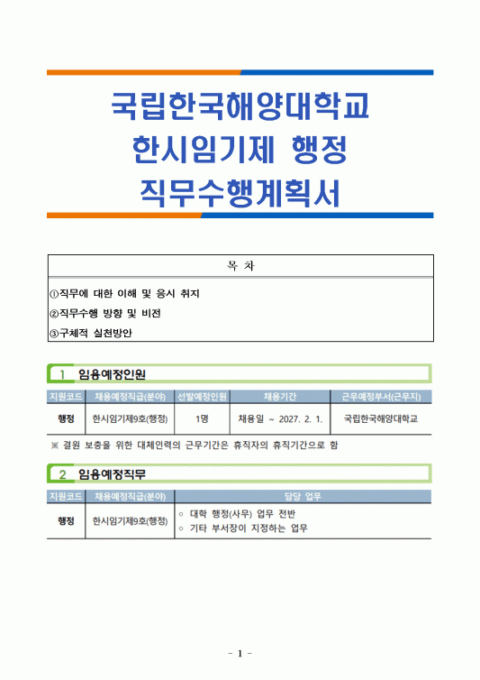 국립한국해양대학교 한시임기제 행정 직무수행계획서