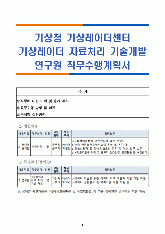 기상청 기상레이더센터 기상레이더 자료처리 기술개발 연구원 직무수행계획서