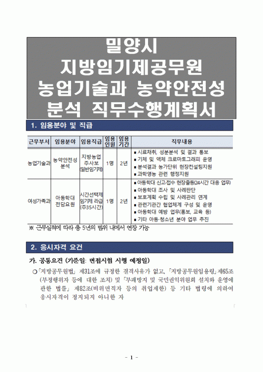 밀양시 지방임기제공무원 농업기술과 농약안전성 분석 직무수행계획서