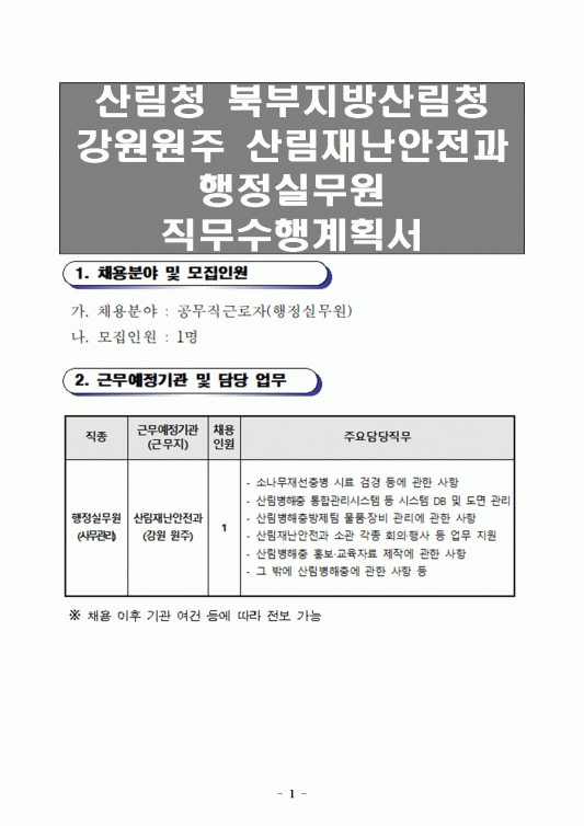 산림청 북부지방산림청 강원원주 산림재난안전과 행정실무원 직무수행계획서