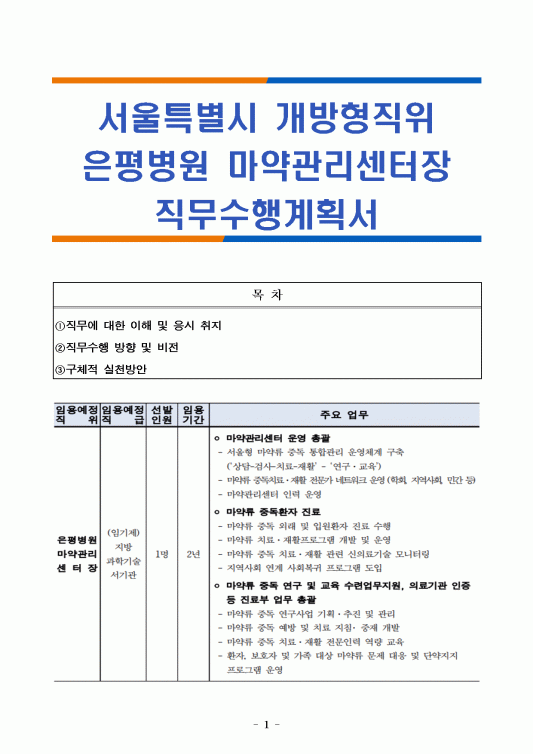 서울특별시 개방형직위 은평병원 마약관리센터장 직무수행계획서