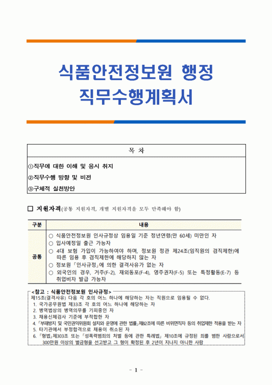 식품안전정보원 행정 직무수행계획서